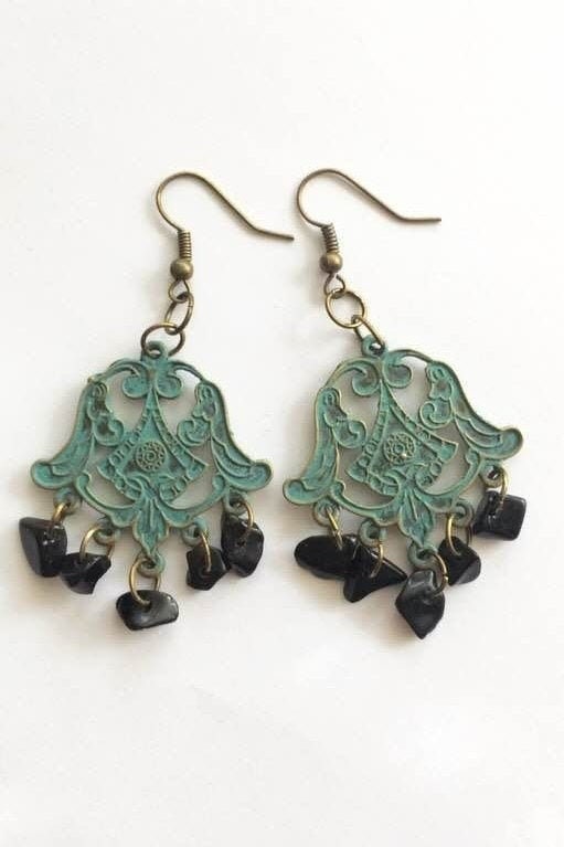 Turquoise Color Hand Painted Filigree Earrings Obsidian Chip - Etsy