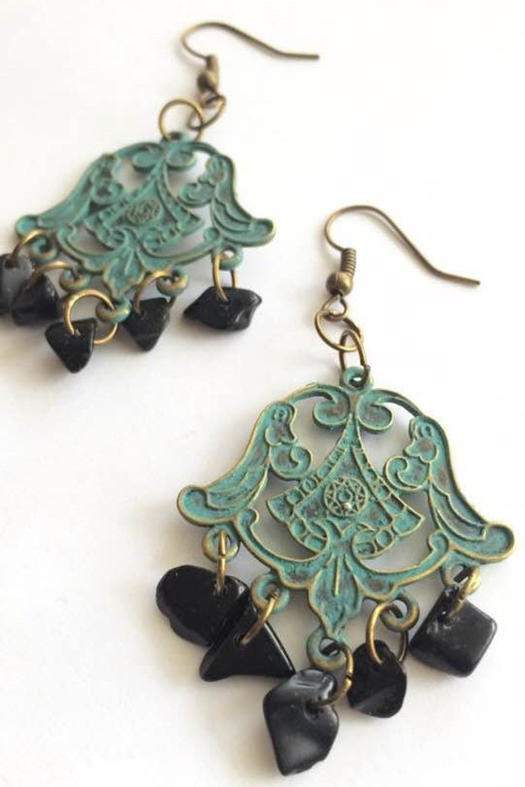 Turquoise Color Hand Painted Filigree Earrings Obsidian Chip - Etsy