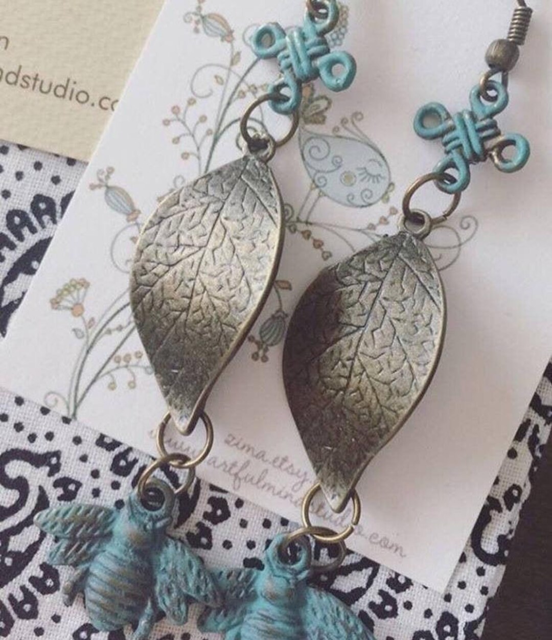 Turquoise Bee & Celtic Knot Earrings: Hand Painted Antique Brass Leaf ...