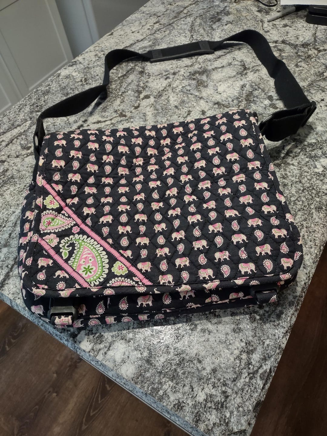 Retired Vera Bradley Bag Black With Pink Elephants/paisley Messenger ...