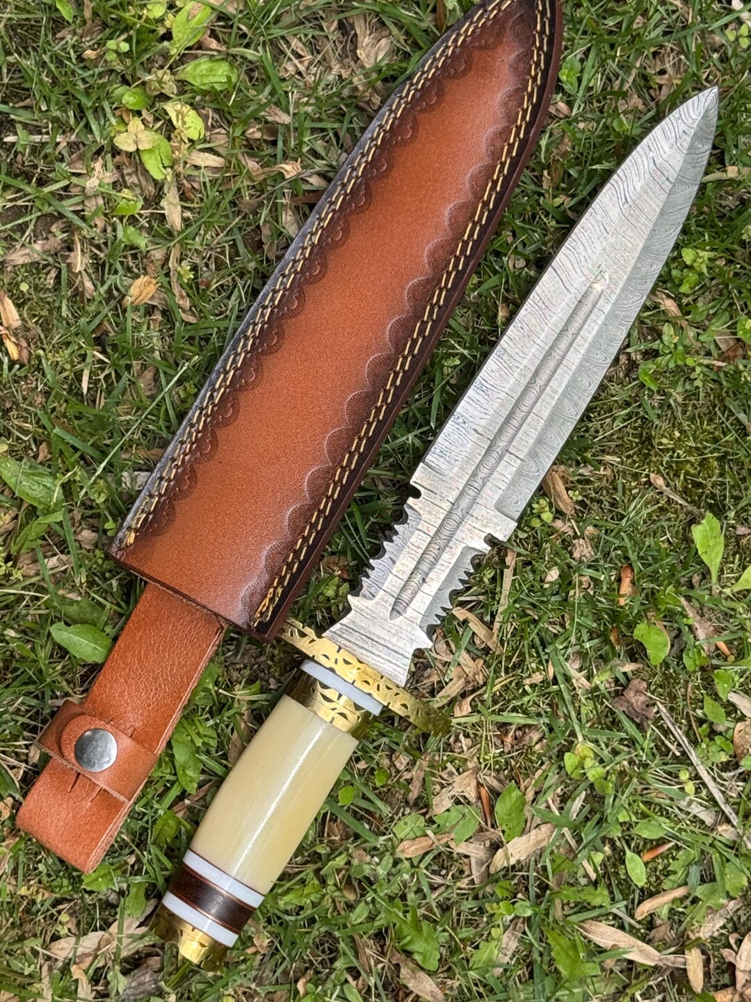 Handmade Damascus Steel Sgian Dubh Dirk Knife: Bone Handle, Leather ...