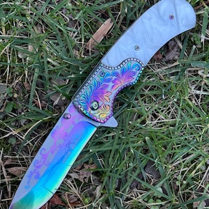 Gorgeous Folding Knife, White Pearl Handle With Rainbow Finish Design ...
