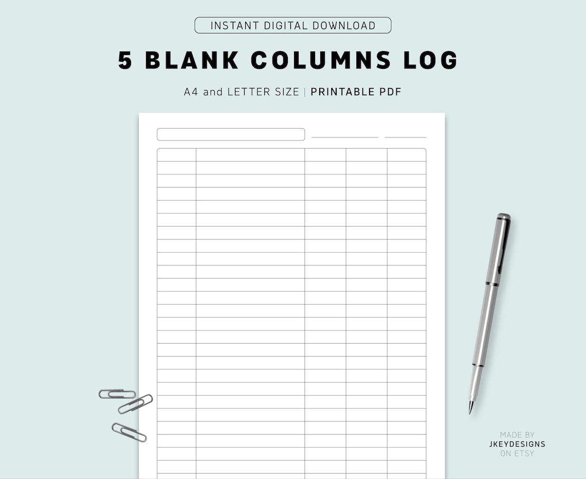 5 Column Customizable Log, Printable Log Sheet, A4 and Letter Size ...