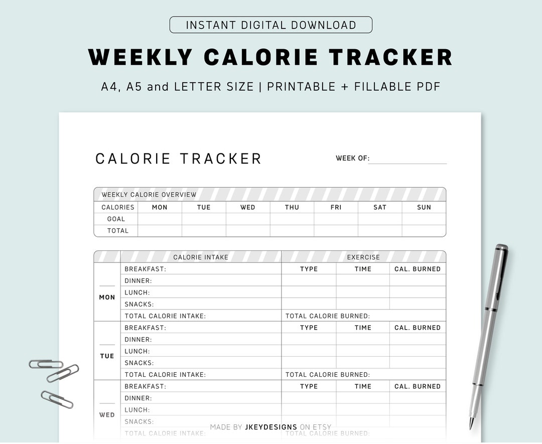 Weekly Calorie Tracker, Printable Calories Journal, A4 / A5 / Letter ...