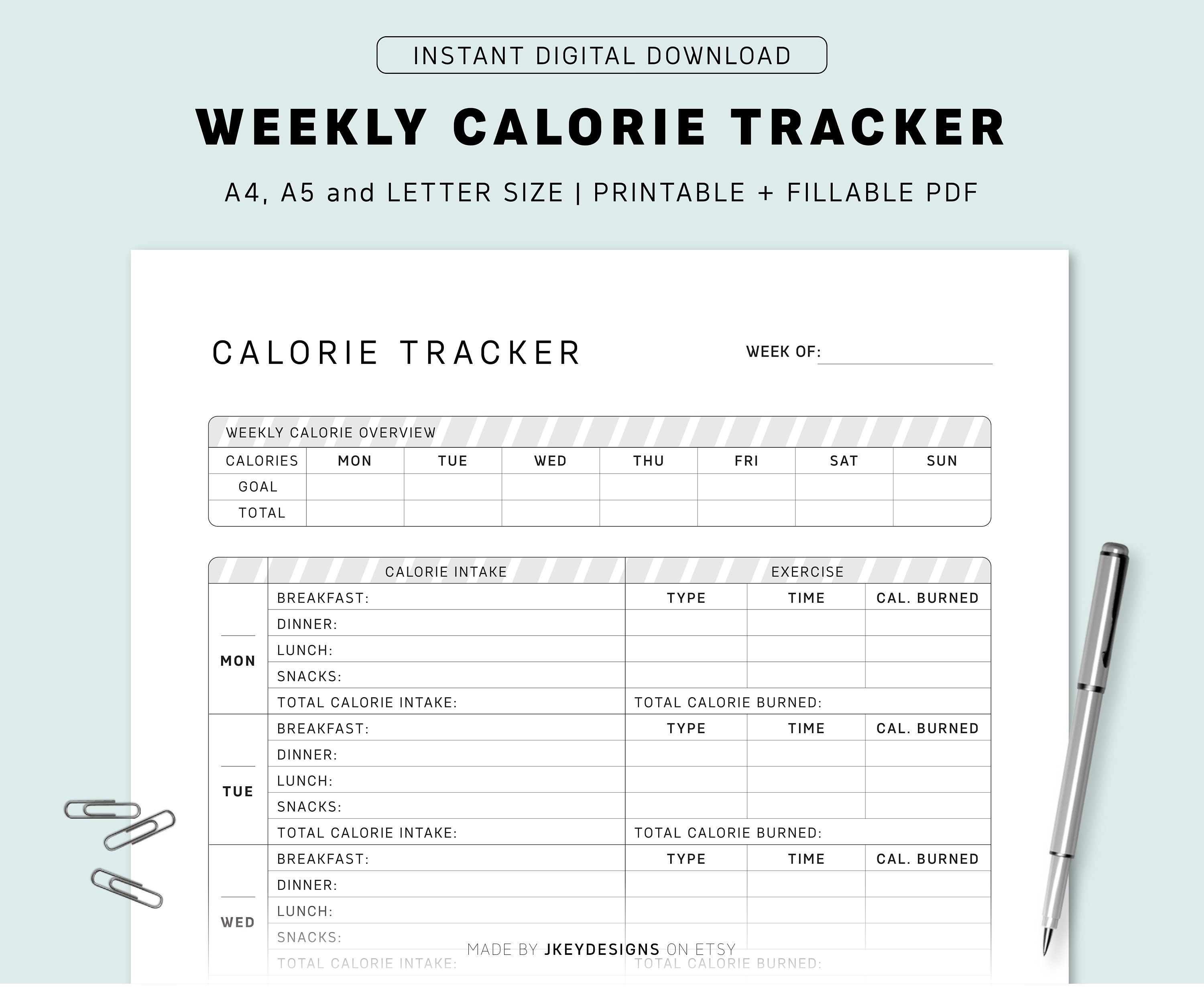 Weekly Calorie Tracker, Printable Calories Journal, A4 / A5 / Letter ...