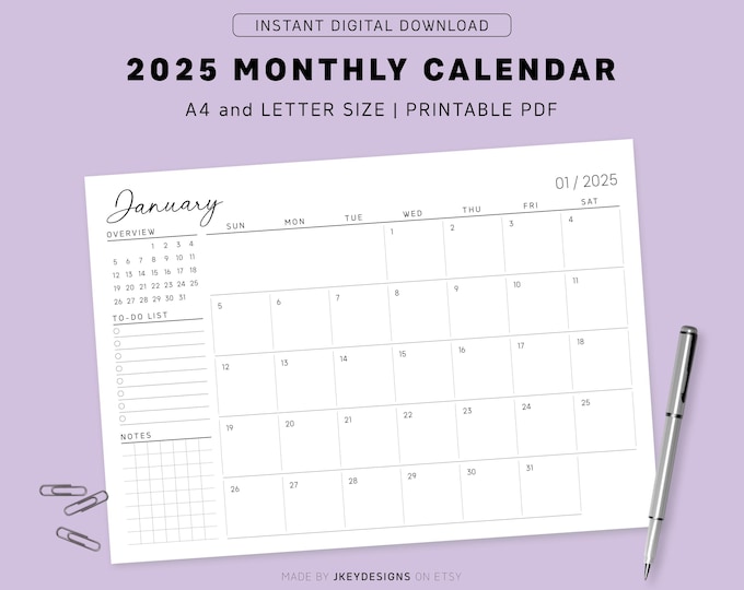 2025 Monthly Calendar | Printable Monthly Planner | A4/letter Size ...