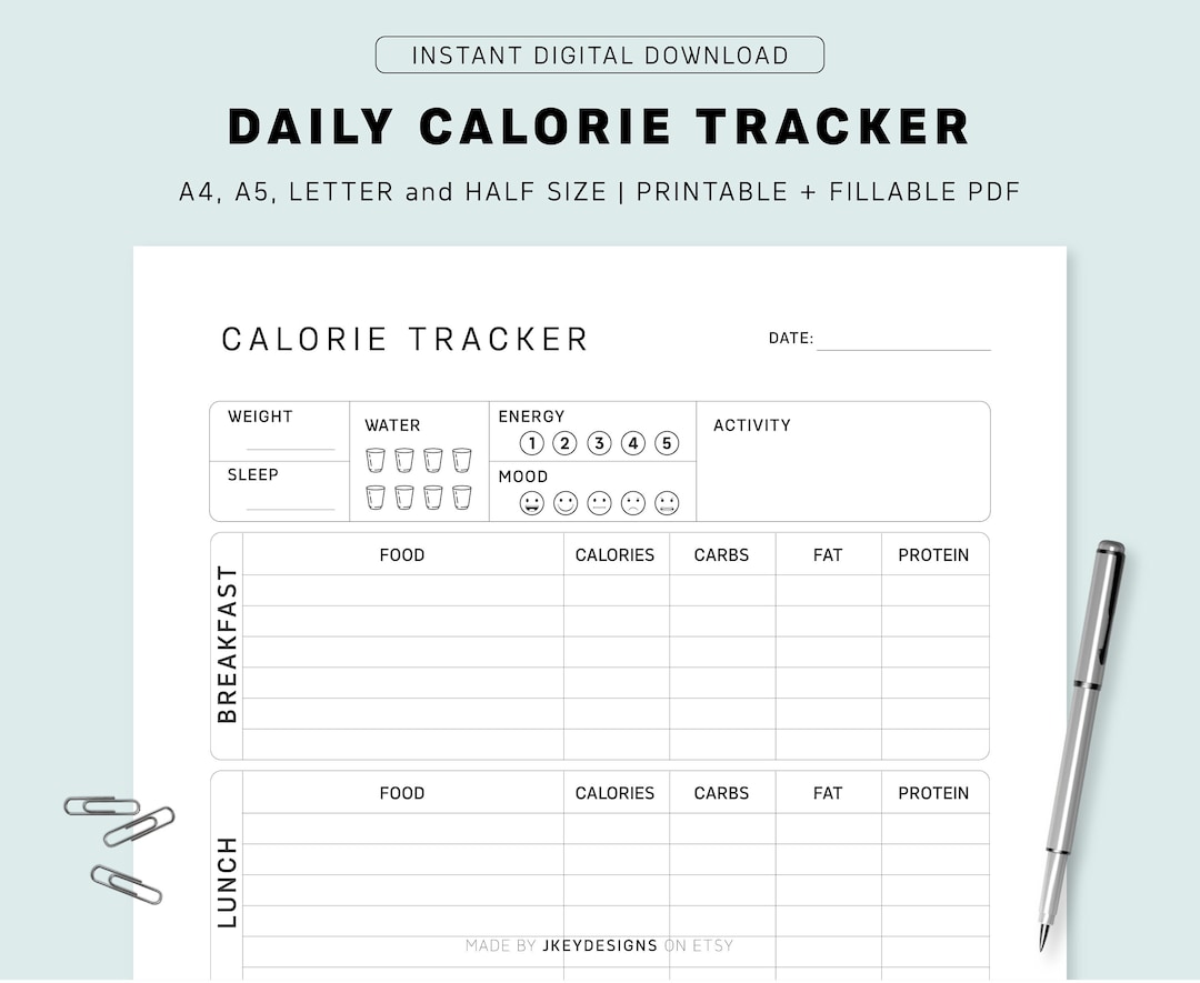 Daily Calorie Tracker, Printable Calories Journal, A4/a5/letter/half Size, Instant Download PDF ...