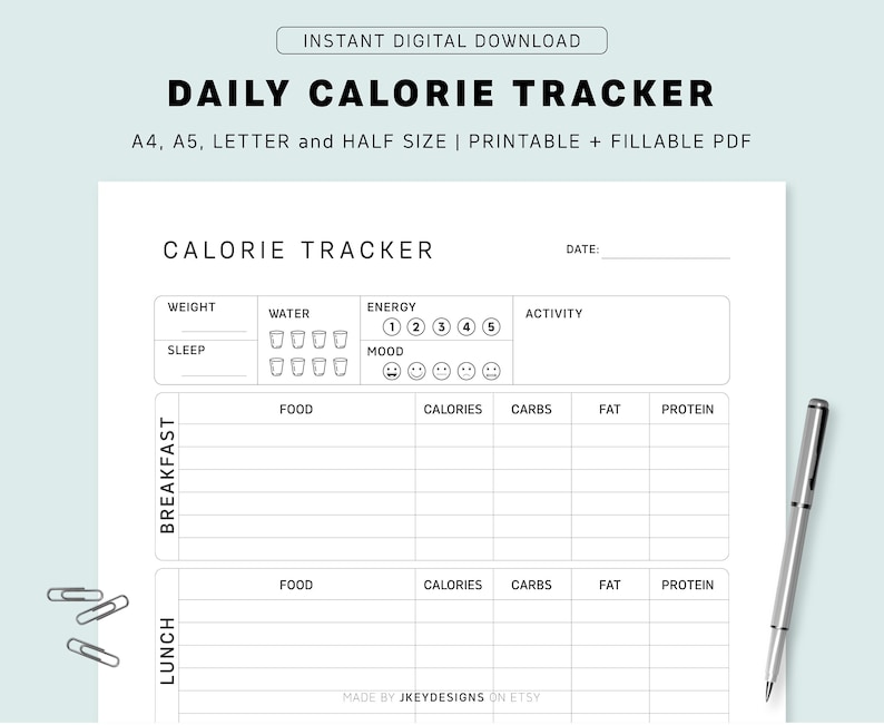 Daily Calorie Tracker, Printable Calories Journal, A4/a5/letter/half ...