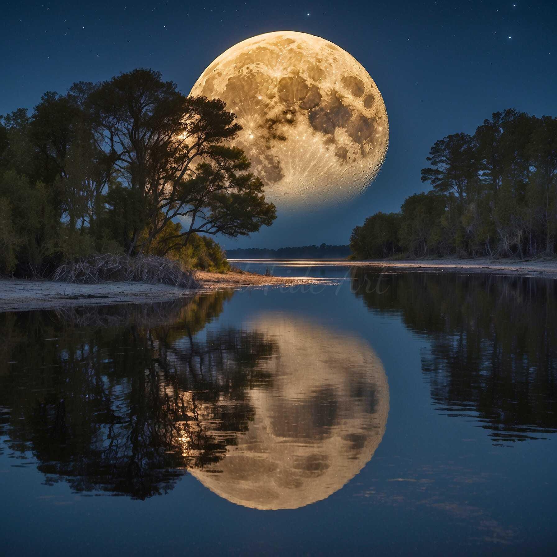 Full Moon Rising Over Calm Water Landscape Digital Download, High ...
