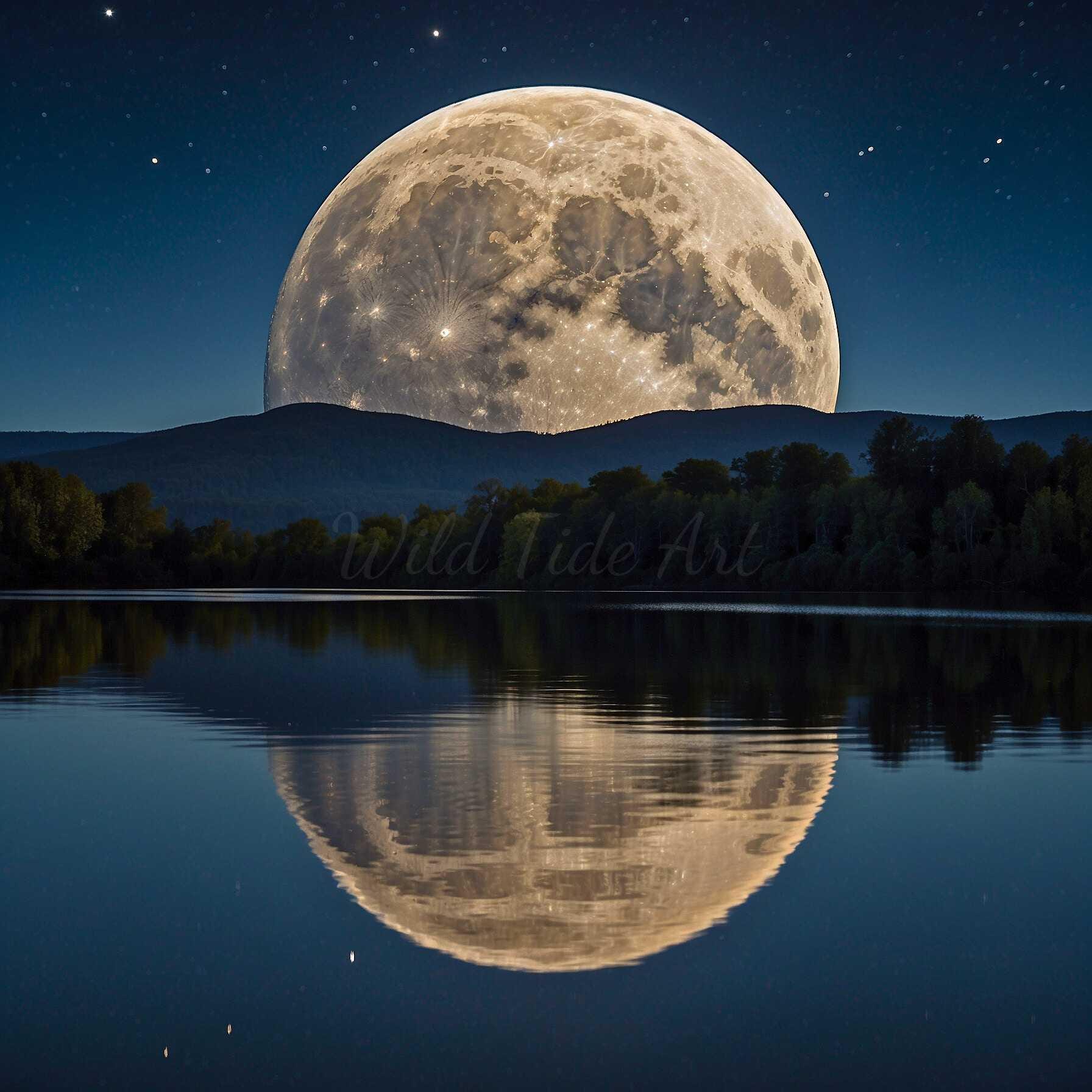 Full Moon Rising Over Calm Water Landscape Digital Download, High ...