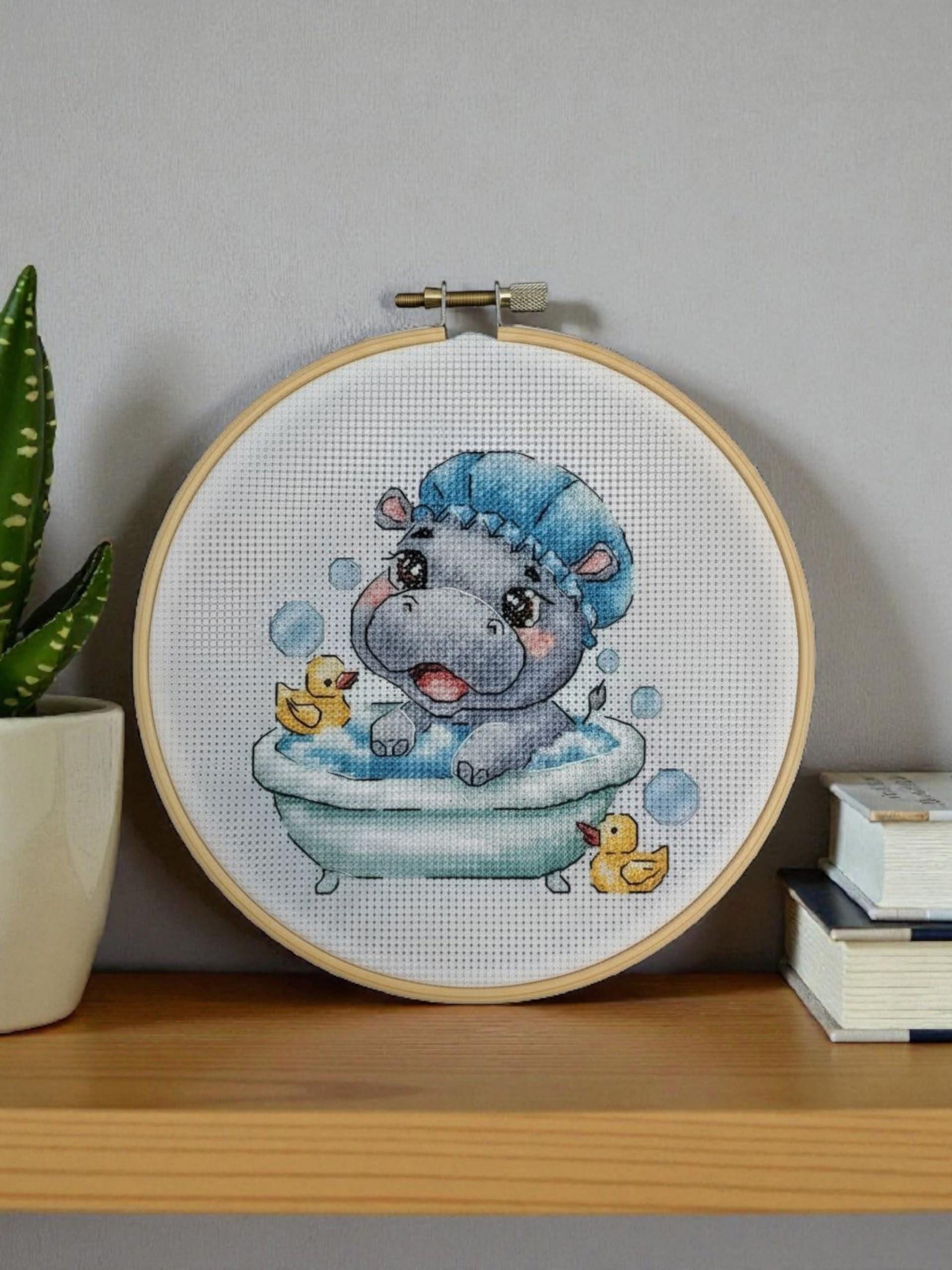Hippo Spa Bliss Cross Stitch Pattern | Easy Modern Embroidery PDF | DMC ...