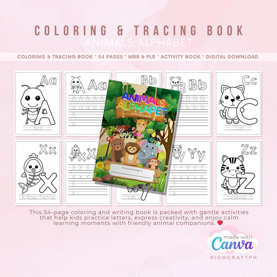 Alphabet Animals Coloring & Tracing Book: Canva Templates (digital ...