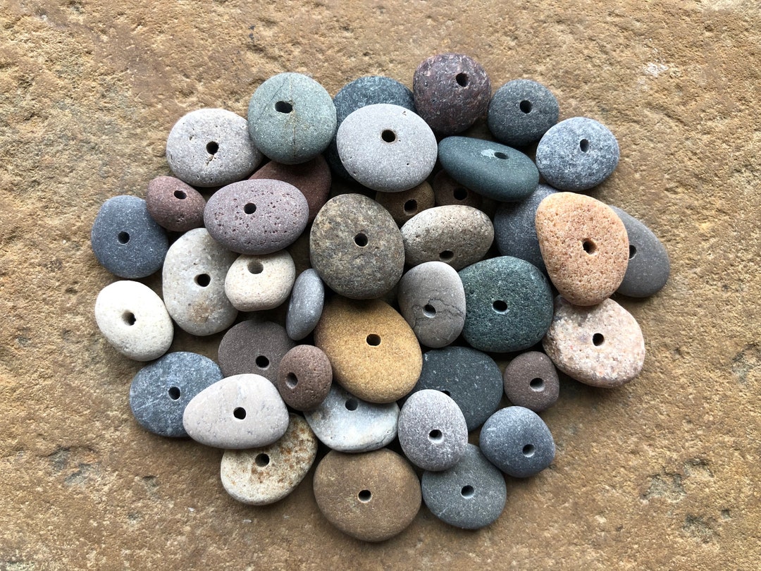 DRILLED STONE BEADS Natural Beach Stone Beads Lake Stone Beads Drilled ...
