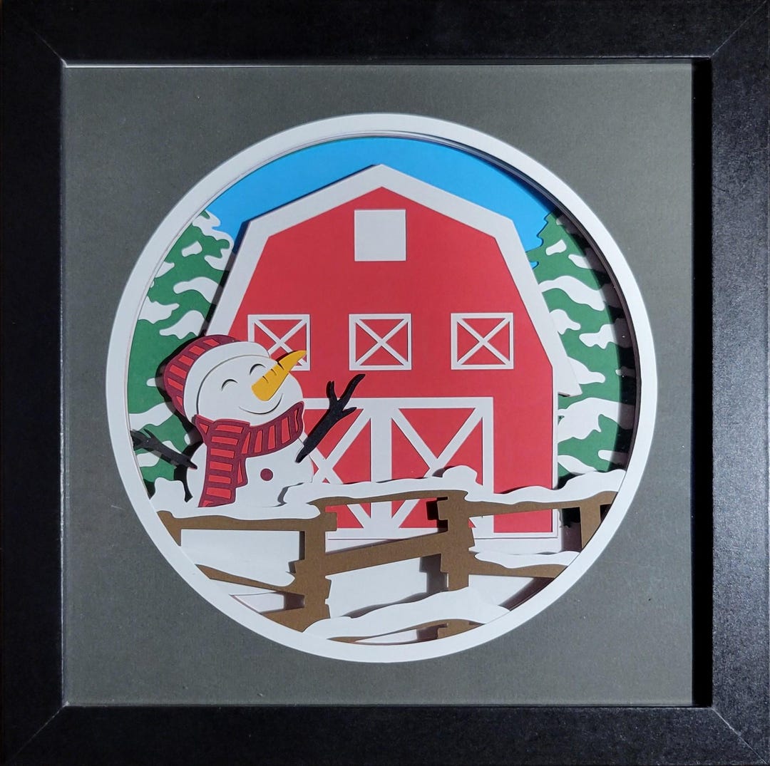 Snowman and Barn Winter Scene 3D Multi Layered Shadowbox, Wall Hanging ...
