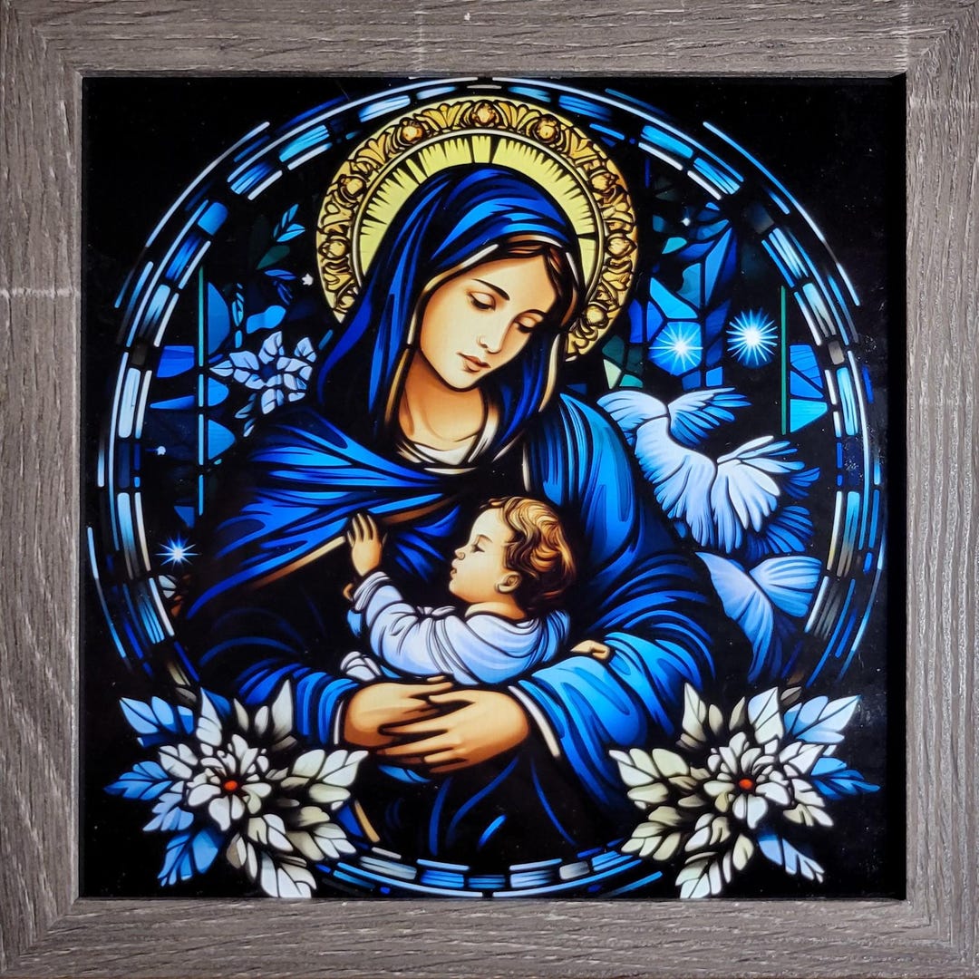 Virgin Mary and Baby Jesus Backlit Glass Shadowbox - Etsy