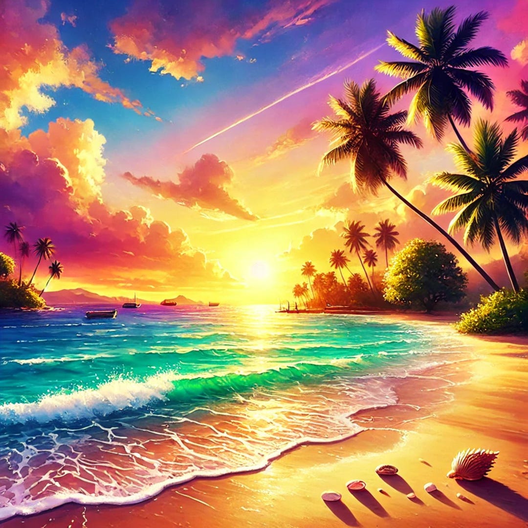 Vibrant Tropical Sunset Beach Art Print With Palm Trees, Ocean Waves ...