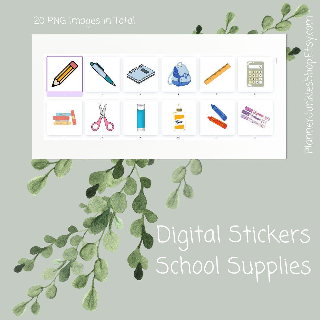 School Supplies Digital Stickers, Digital Stickers, Digital Bullet ...