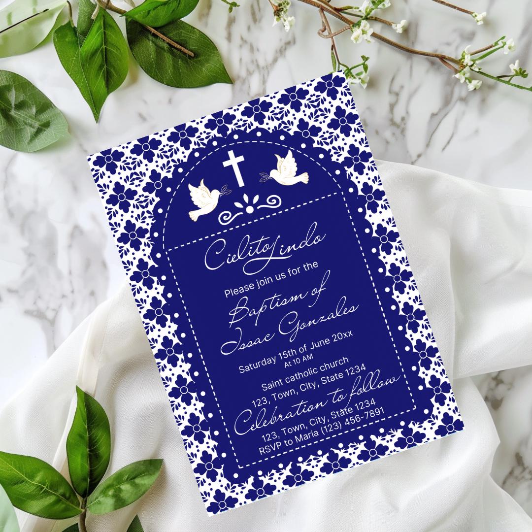 Dark Blue Cielito Lindo Bautizo Invitation,papel Picado,talavera ...