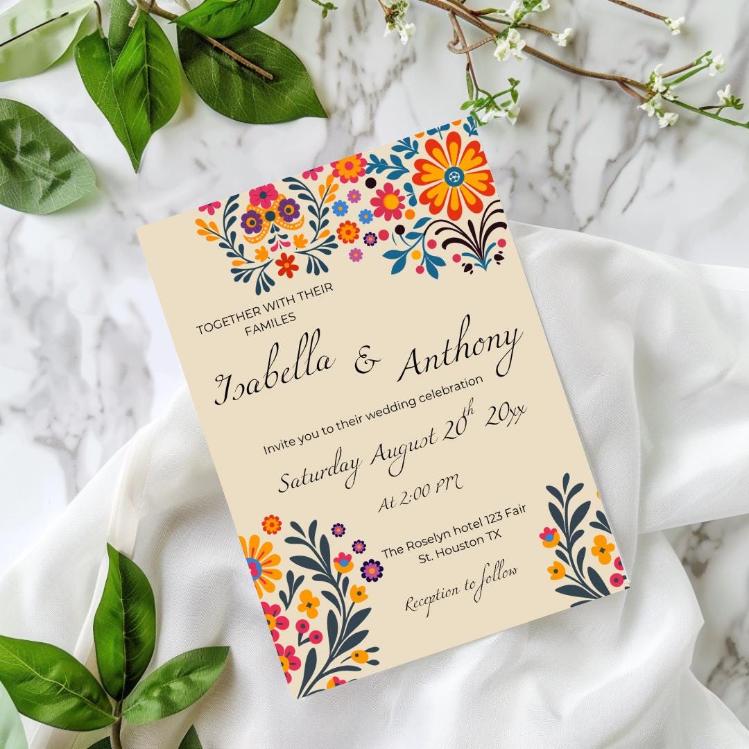 Mexican Floral Wedding Invitation: Red and Beige Canva Template (5x7 ...