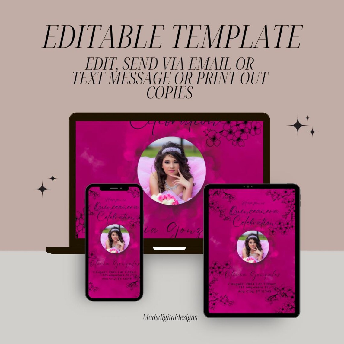 Fuchsia Quinceanera Invitation Template, Instant Download, Canva ...