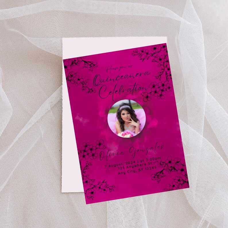 Fuchsia Quinceanera Invitation Template, Instant Download, Canva ...