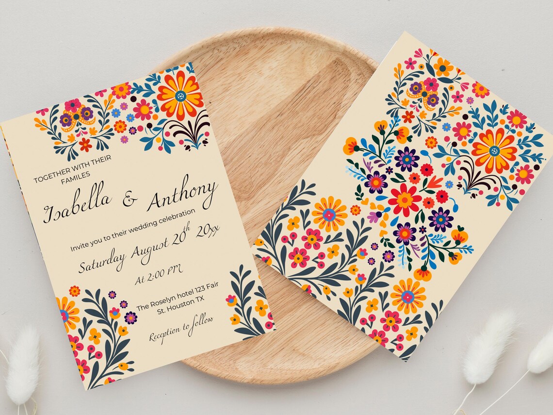 Mexican Floral Wedding Invitation: Red and Beige Canva Template (5x7 ...