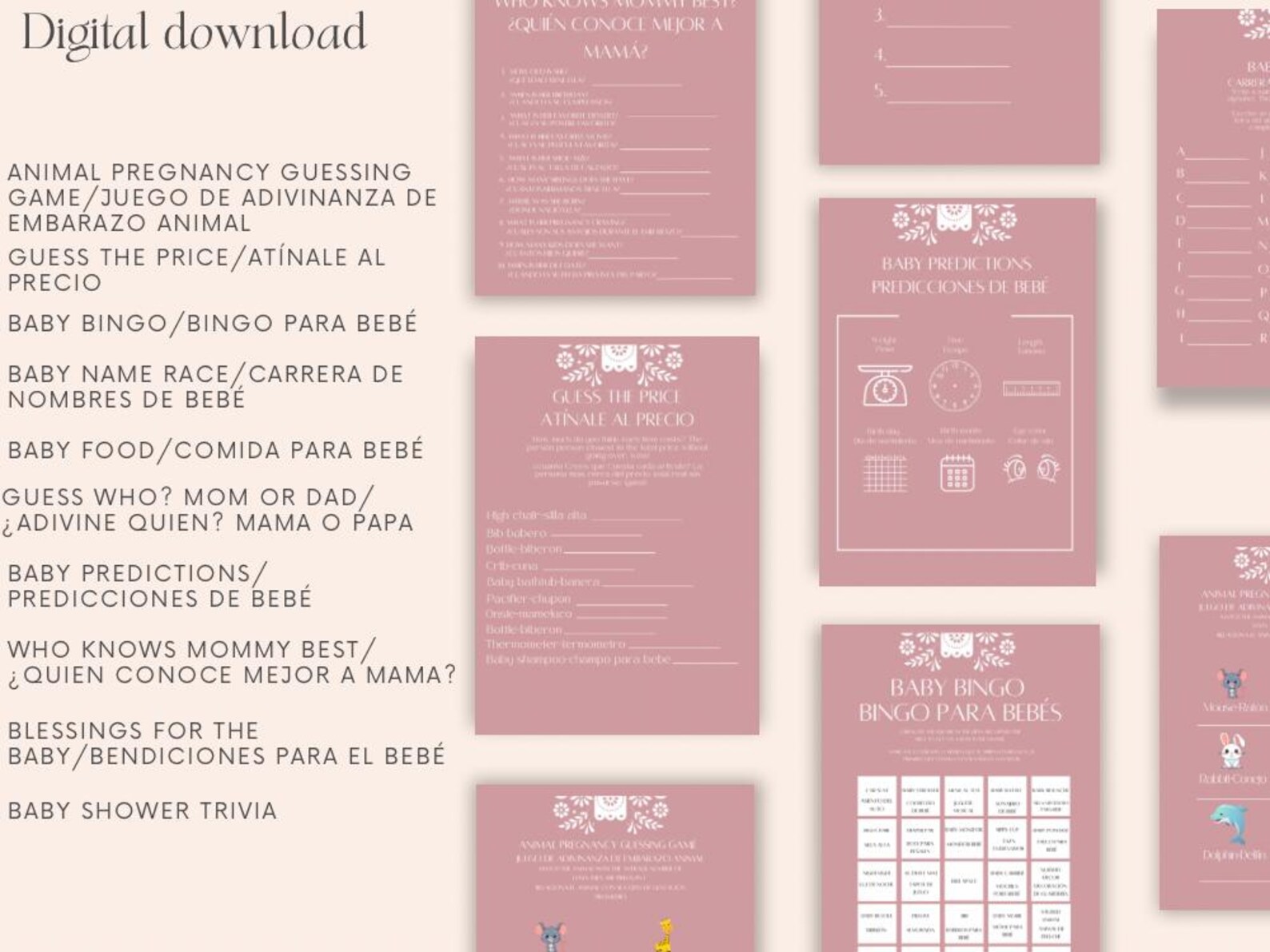 Pink Cielito Lindo Bilingual Baby Shower Games | Spanish English ...