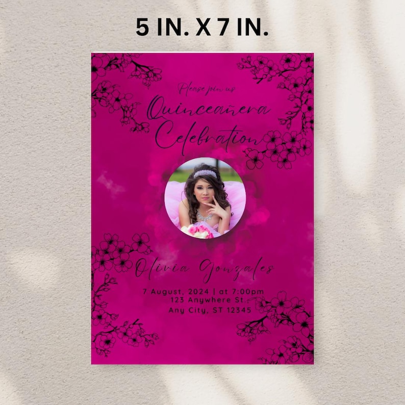 Fuchsia Quinceanera Invitation Template, Instant Download, Canva ...