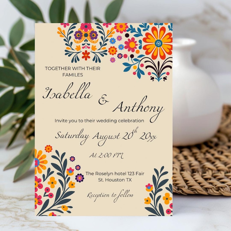 Mexican Floral Wedding Invitation: Red and Beige Canva Template (5x7 ...