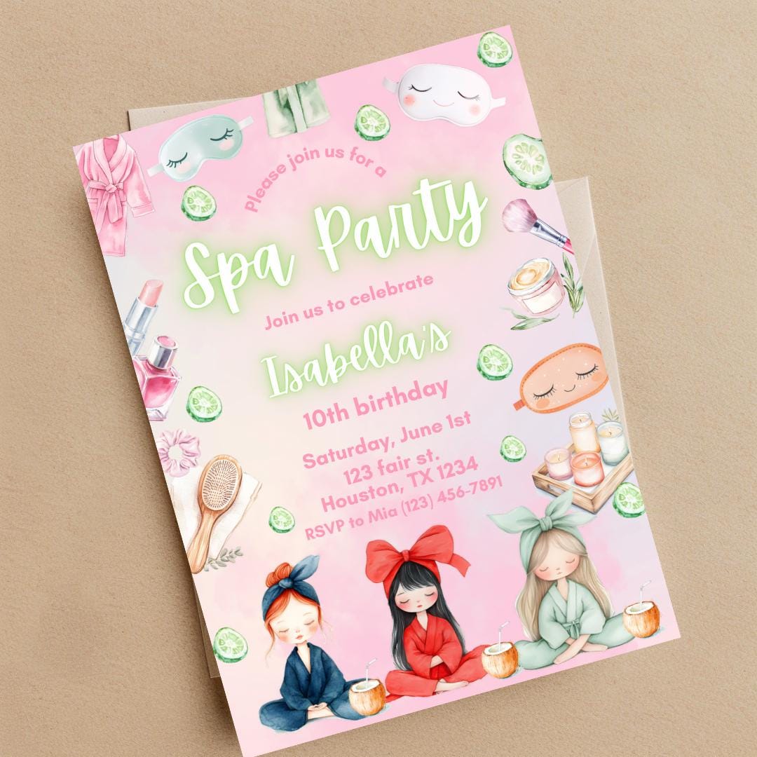 Spa Slumber Party Invitation, Kids Spa Party Invitation, Girls Spa ...