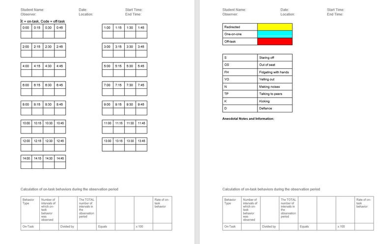 15 Minute On-task/off-task Behavior Observation With Editable Key - Etsy