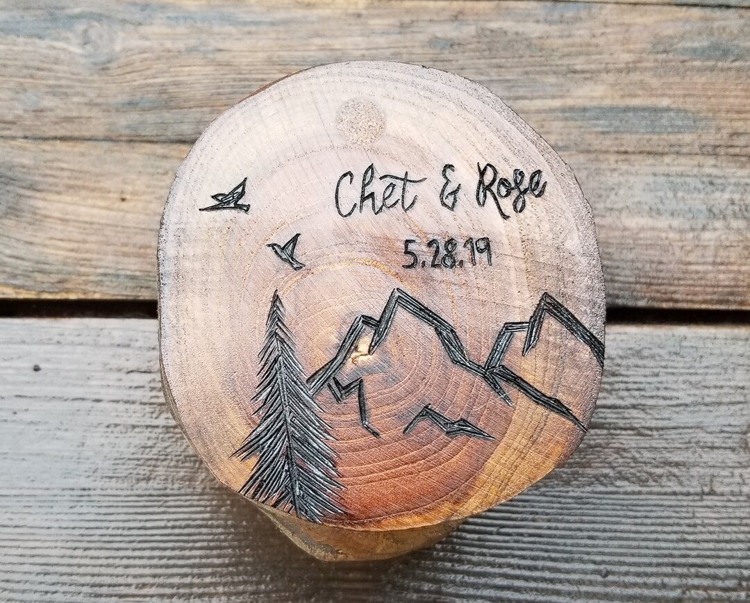 Personalized Wooden Wedding Ring Box - Mountain Pine Tree Birds Rustic ...