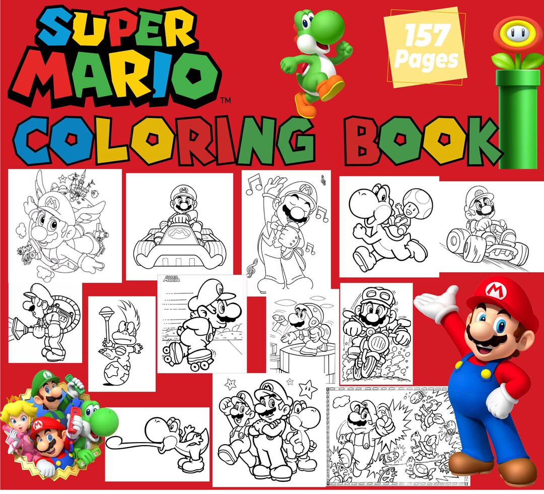 Super Mario Jumbo Coloring Book, 157 Pages, Kids & Adult Art, Instant ...
