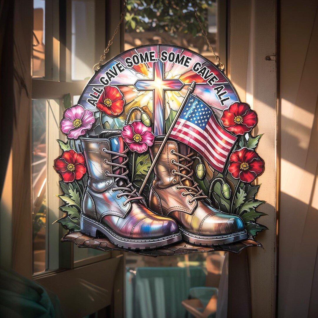 Veteran Remembrance Suncatcher With Boots US Flag and Cross Quote ...