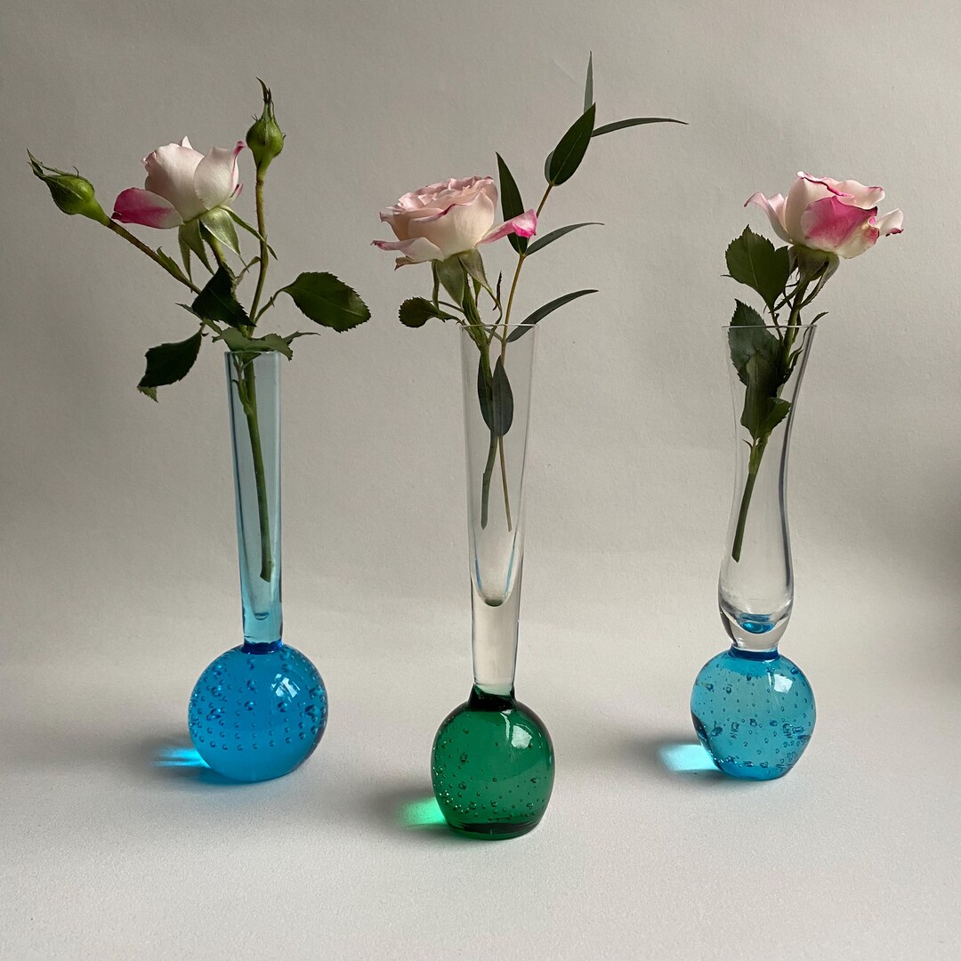 3x Vintage Blue & Green Bubble Vases Controlled Bubble Single Stem ...