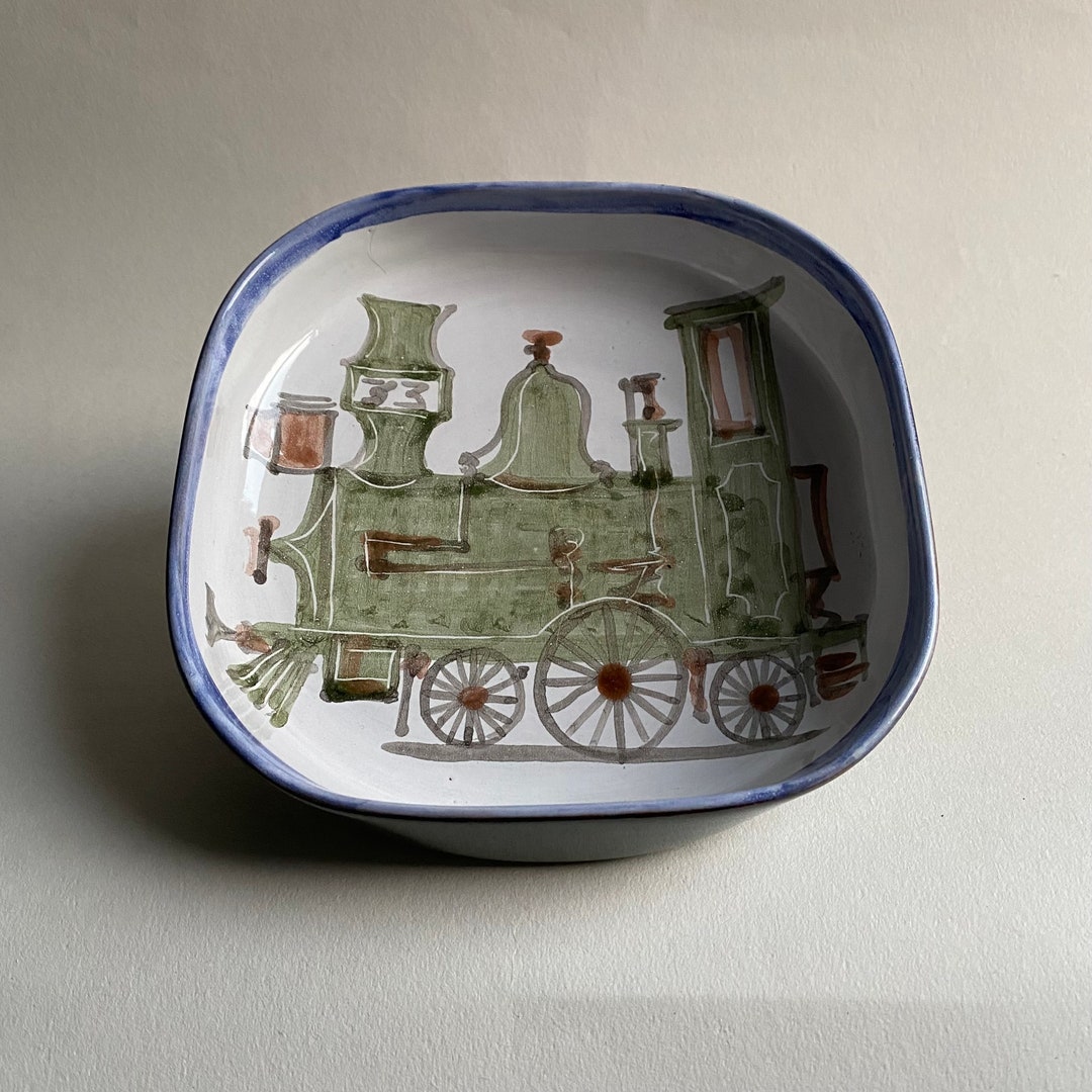 Vintage Studio Pottery Dish With Hand Painted Steam Train Ceramic ...