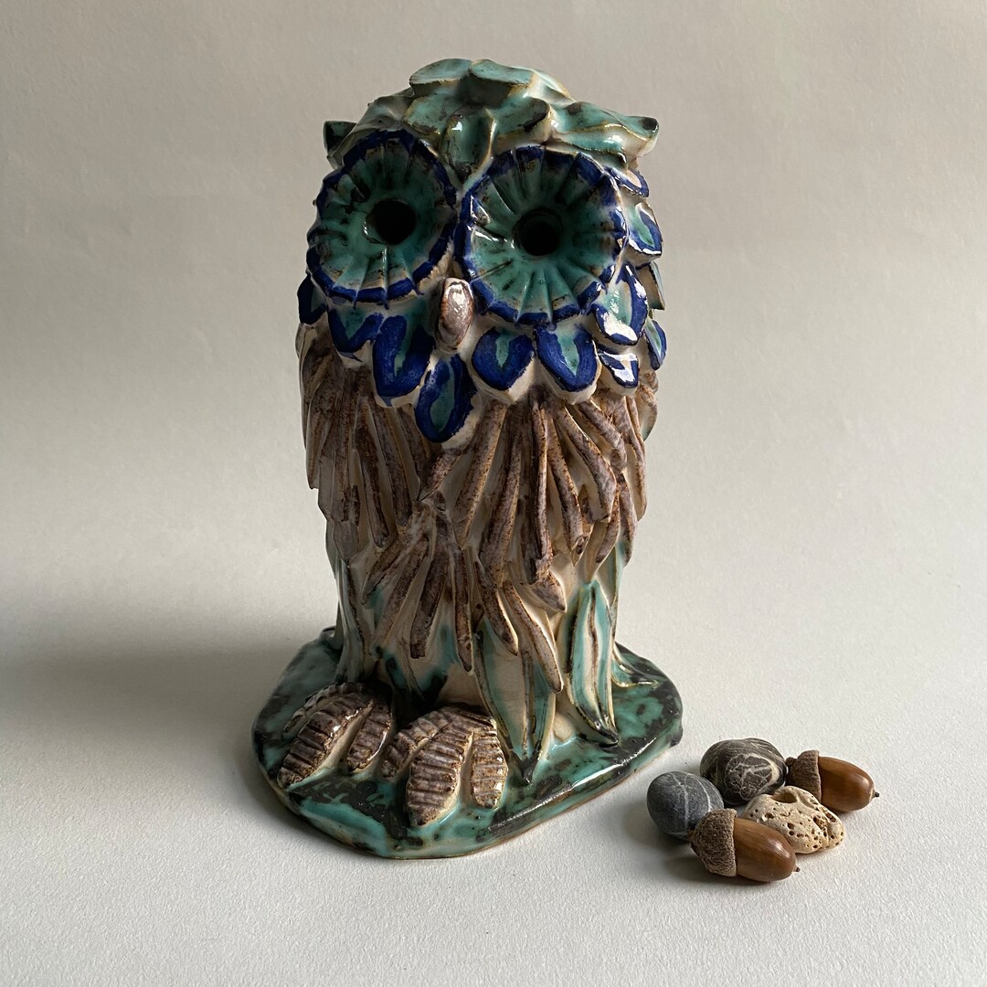 Vintage Handmade Ceramic Owl Blue & Green Studio Pottery Owl Figurine ...