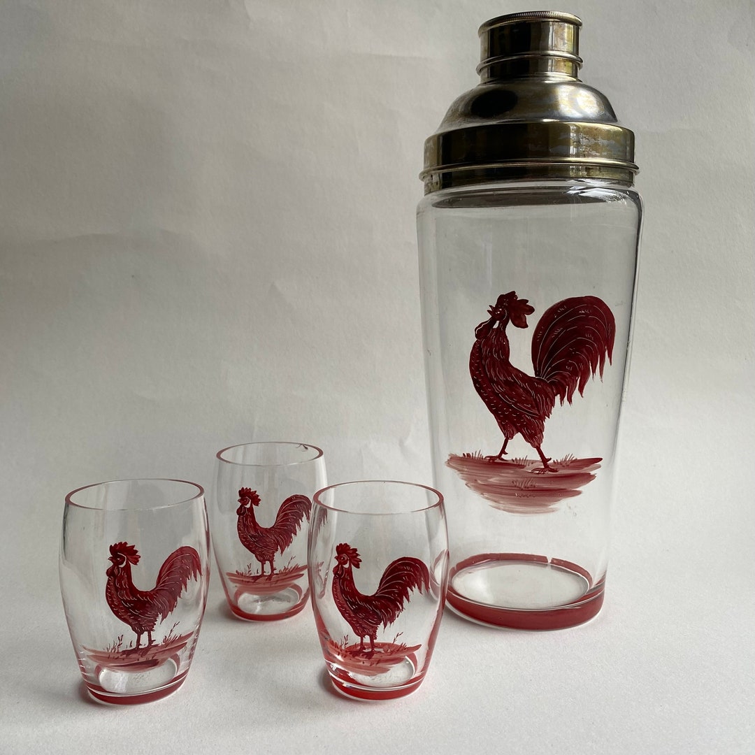Vintage Cocktail Shaker With Hand Painted Red Rooster & 3 Matching Shot ...