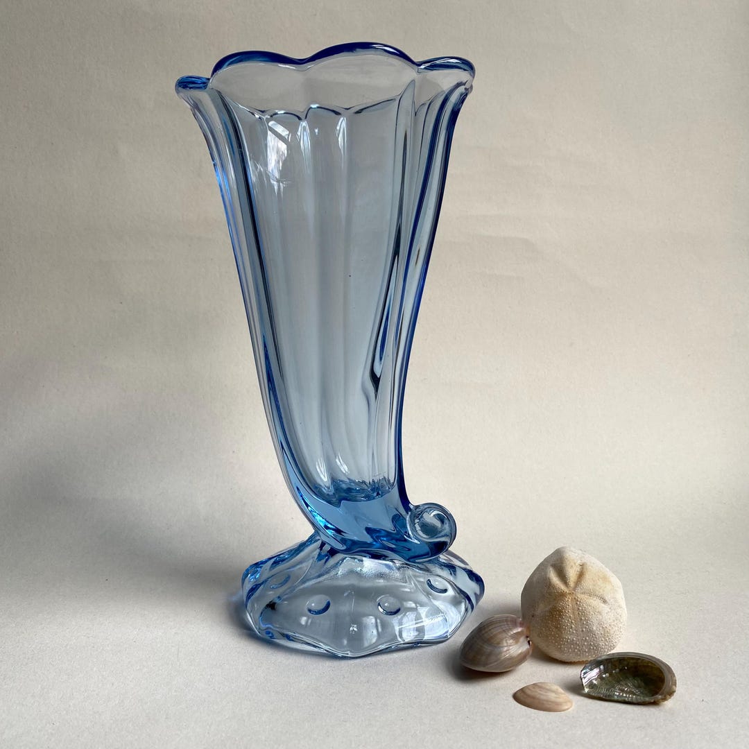 Vintage Blue Glass Cornucopia Vase ~ Art Deco Tall Shell Vase ~ - Etsy