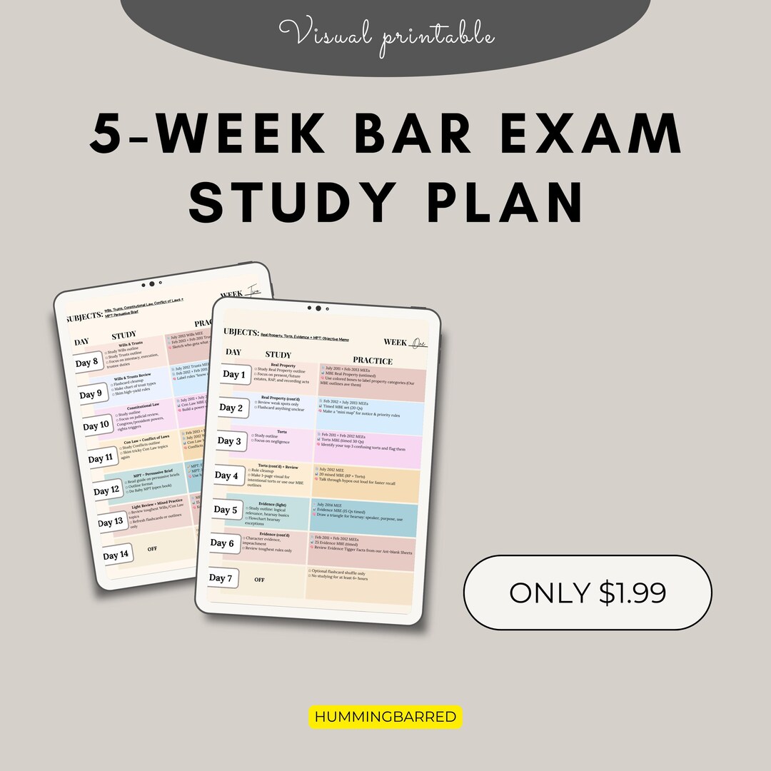 5-week Bar Exam Study Plan: Adhd-friendly Visual Calendar (digital ...