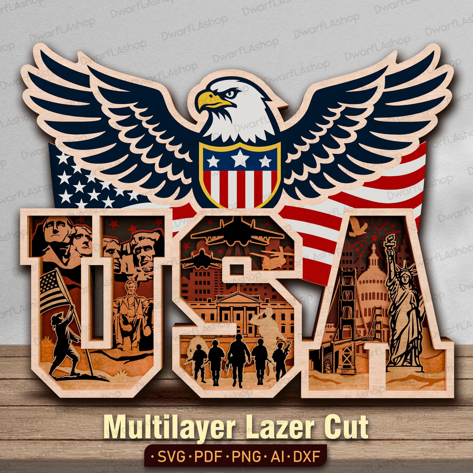 USA 3D Multilayer SVG Patriotic Eagle Independence Day Laser Cut File ...