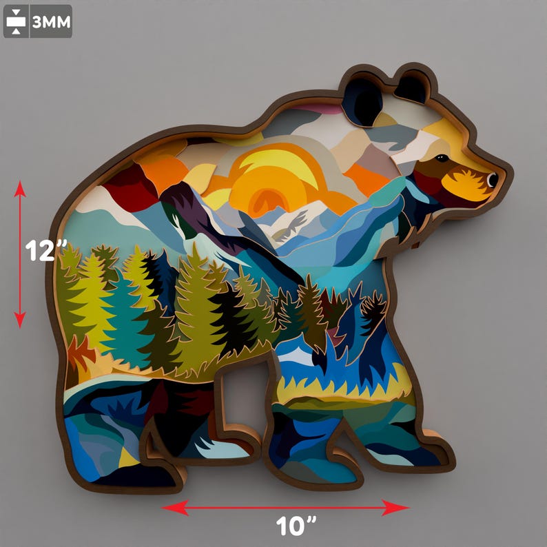 Bear SVG Multilayer Laser Cut File – 3D Layered Mountain Forest Animal Scene for Wood Wall Art ...
