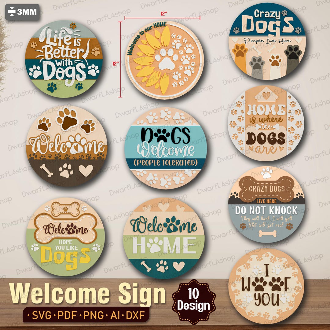 Dog Welcome Sign Bundle Set of 10, Dog Door Sign Svg Lasercut, Funny ...