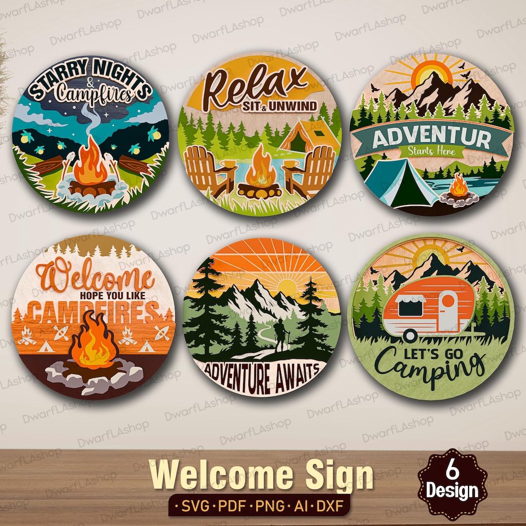 Camping Welcome Sign SVG Bundle, Adventure Round Door Sign, RV Camper ...