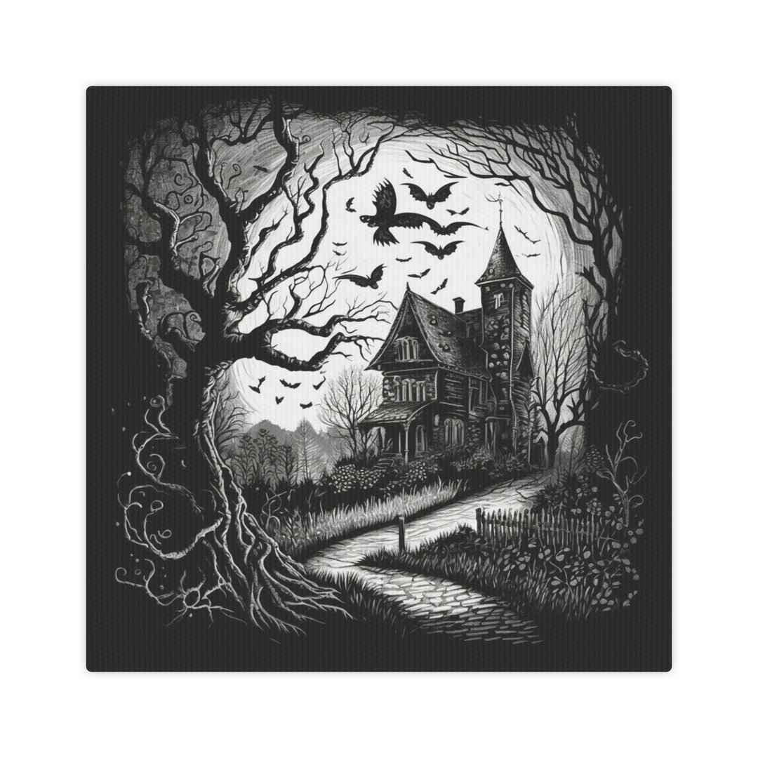 Spooky Haunted House 8x8 Photo Tile Black and White Halloween Wall Art ...