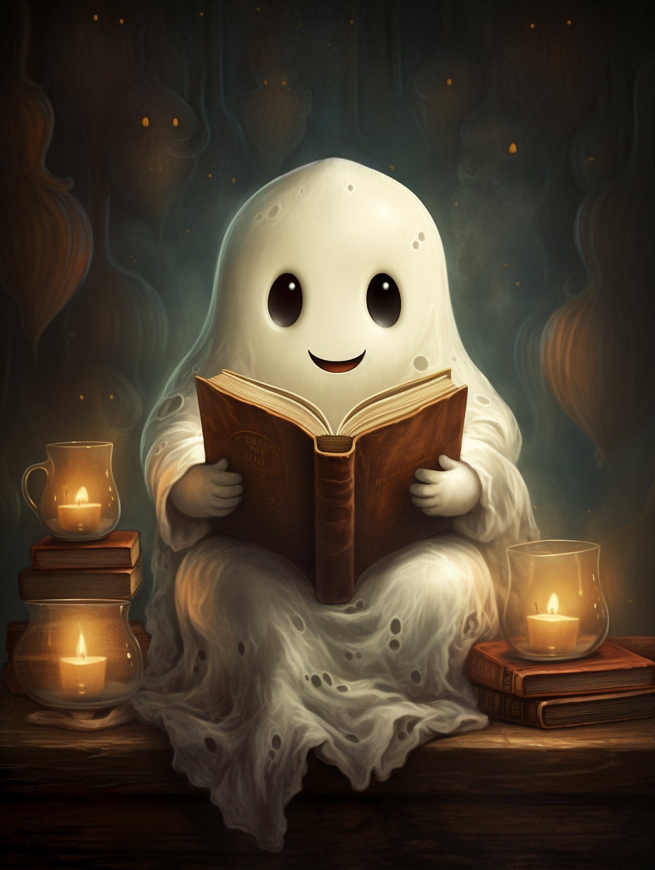 Cute Ghost Reading A Book Digital Download Printable Vintage Style