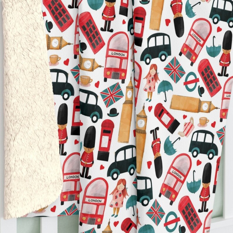 Colorful London Icons Sherpa Fleece Blanket Cozy British Themed Blanket ...