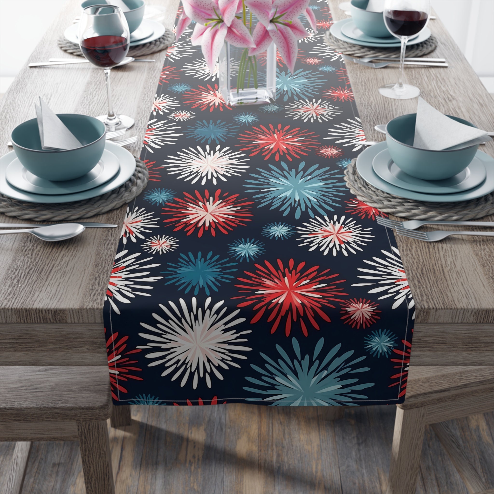 Fourth of July Fireworks Design Table Runner Red White and Blue ...
