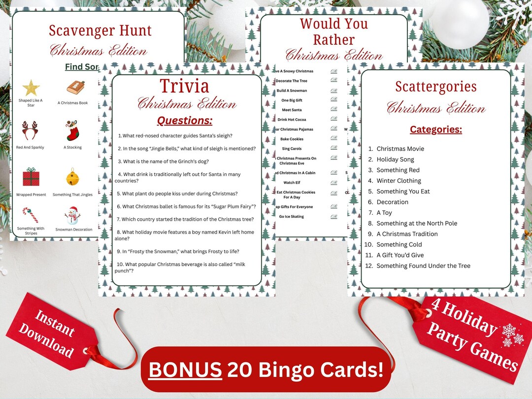 Christmas Tree Games Bundle Holiday Printable Party Games Bingo, Trivia ...