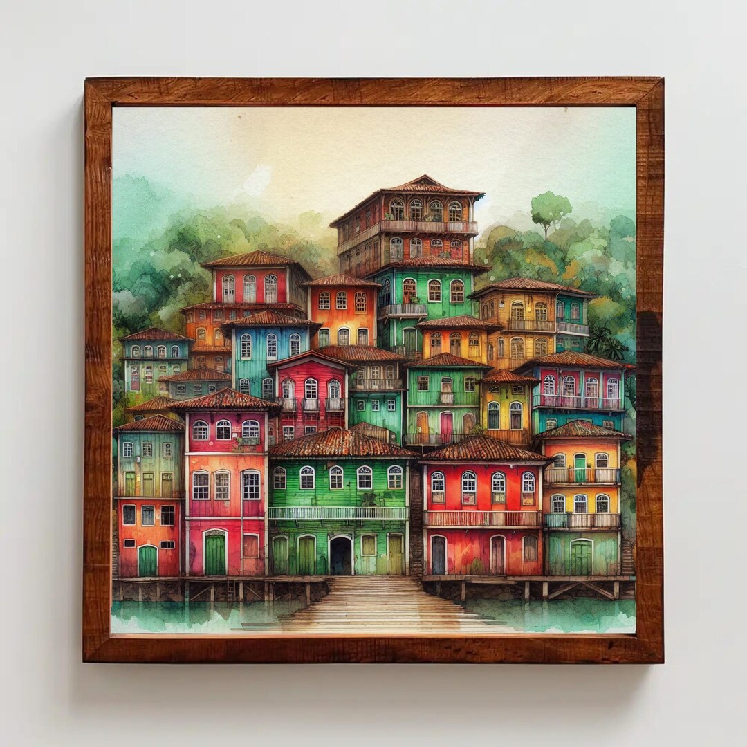 Brazil Stacked Houses Watercolor Painting: Colorful Home Decor (digital ...